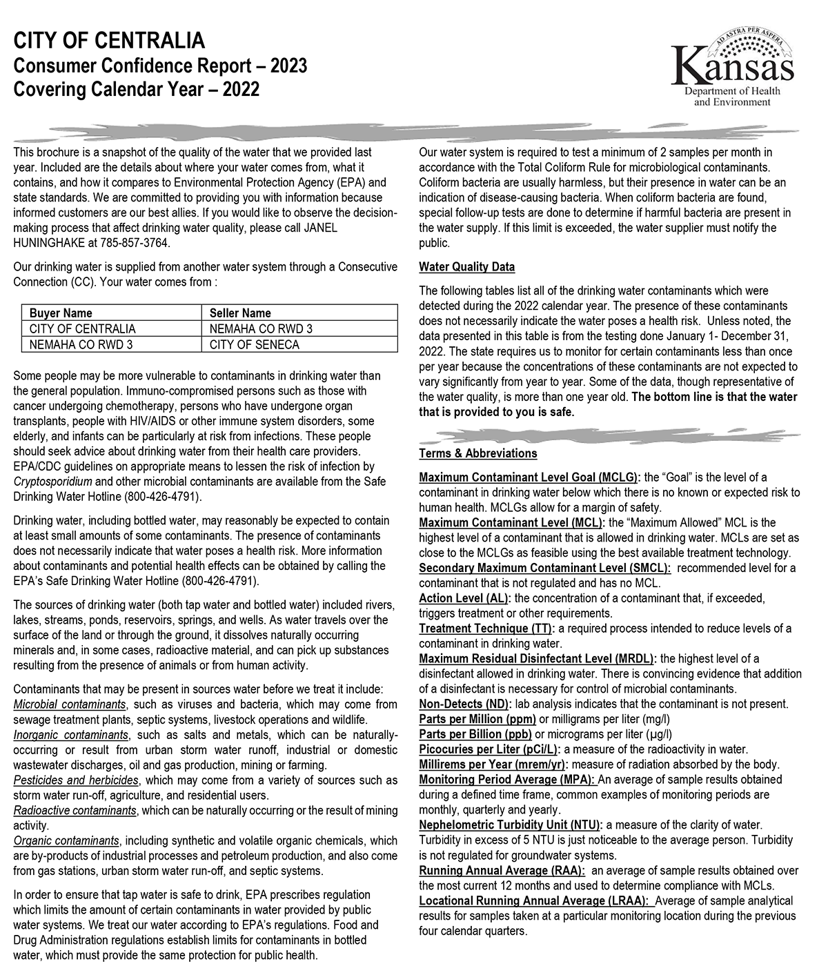 City of Centralia, Kansas > Government > Water Report